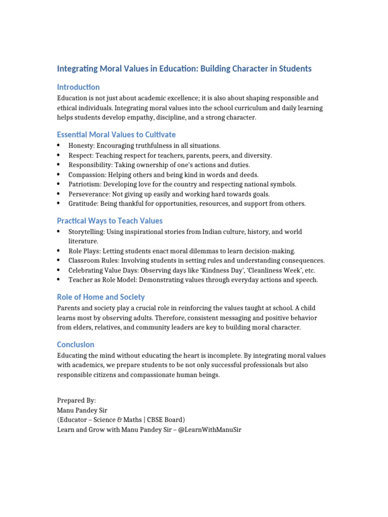 Moral Values in Education Manu Pandey | PDF