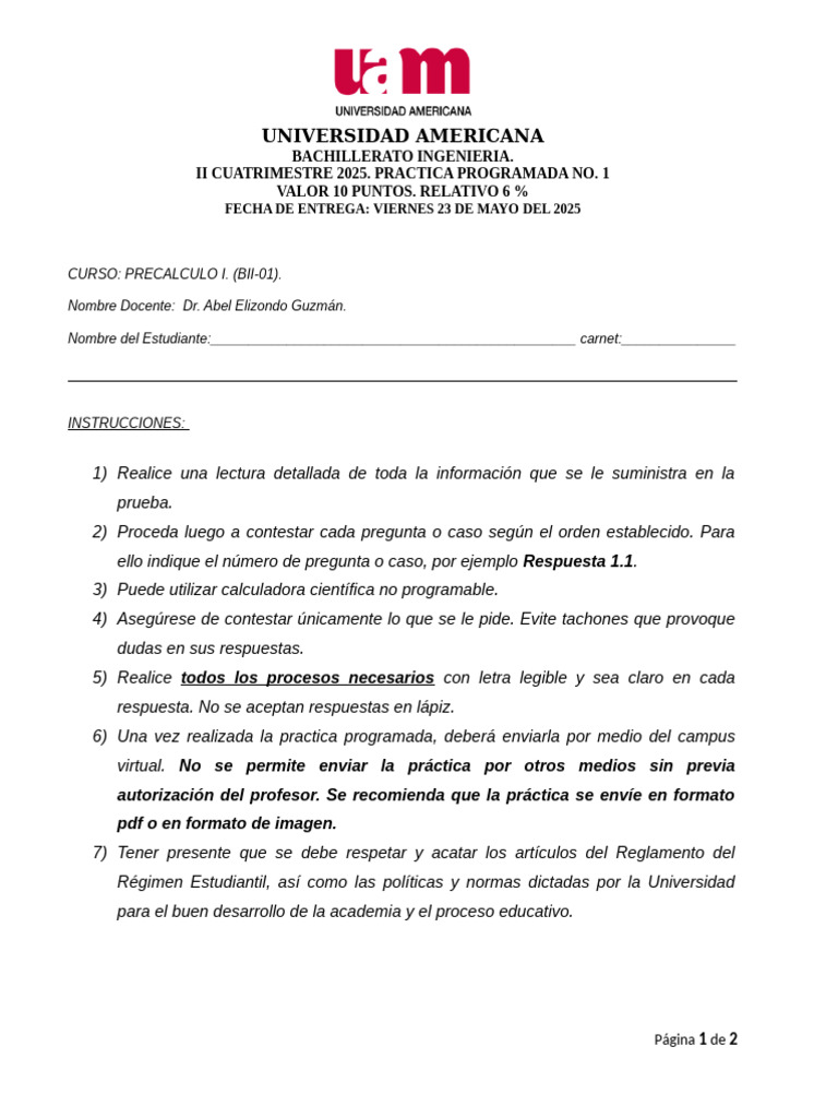 Práctica Programada No. 1. PRECALCULO 2025 | PDF