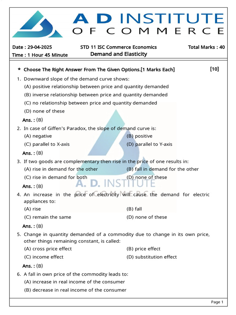 11th ISC Economics - Solution | PDF | Demand | Elasticity (Economics)