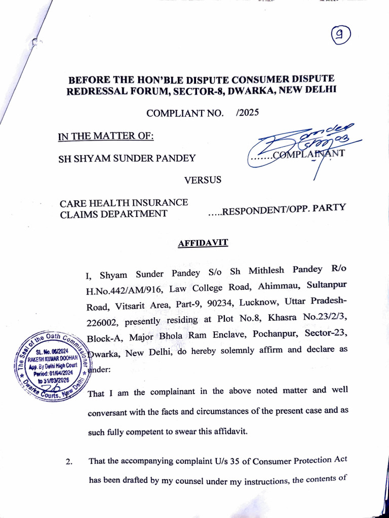 Shyam Sunder Pandey vs. Care Health Insurance | PDF | Affidavit | Evidence