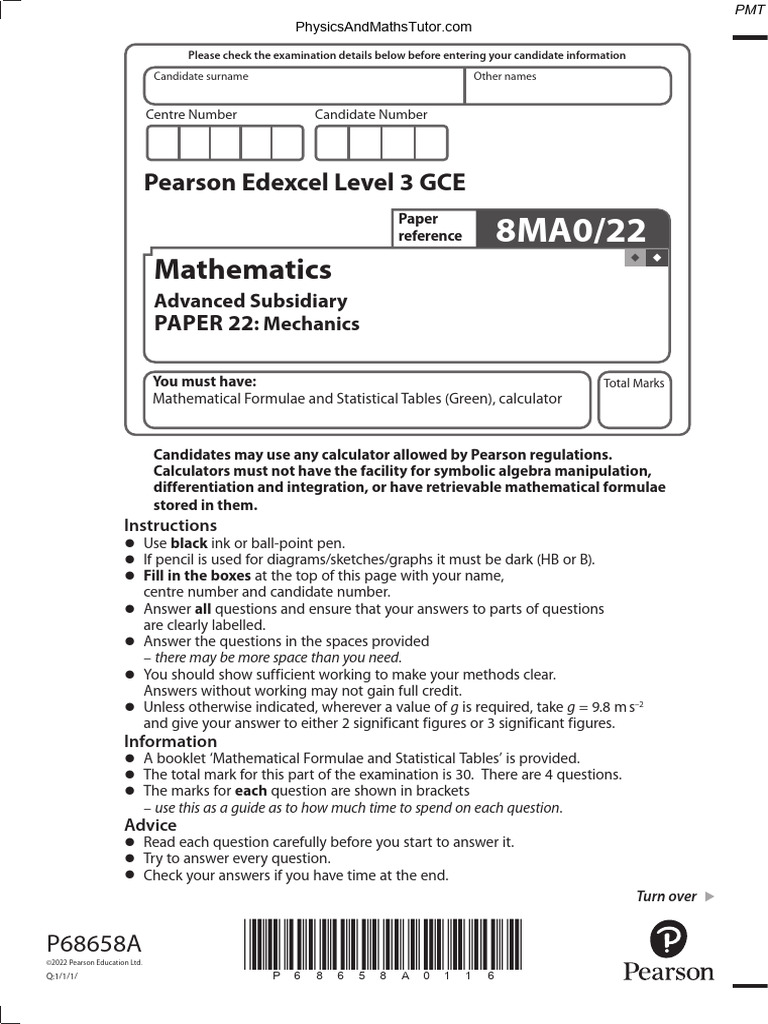 downloadMathsA LevelPapersEdexcelAS Paper 2MAJune20202220MA20 (Mech ...