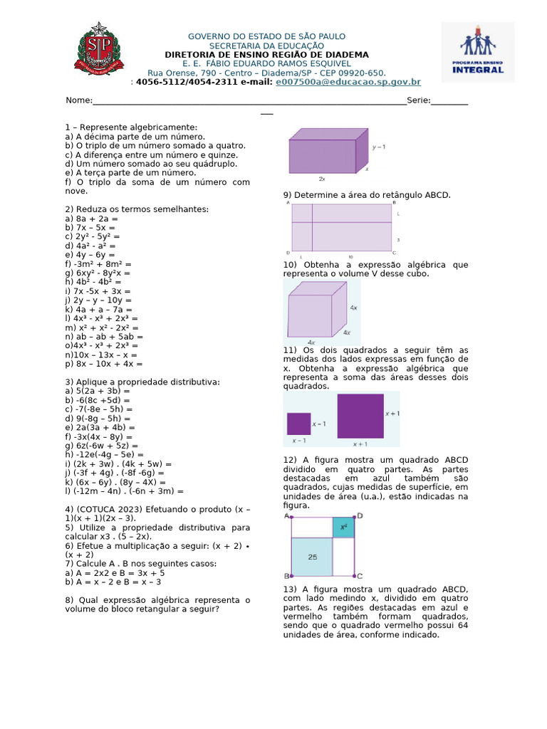 Atividades de Expressões Algébricas 8º Ano | PDF | Álgebra abstrata ...