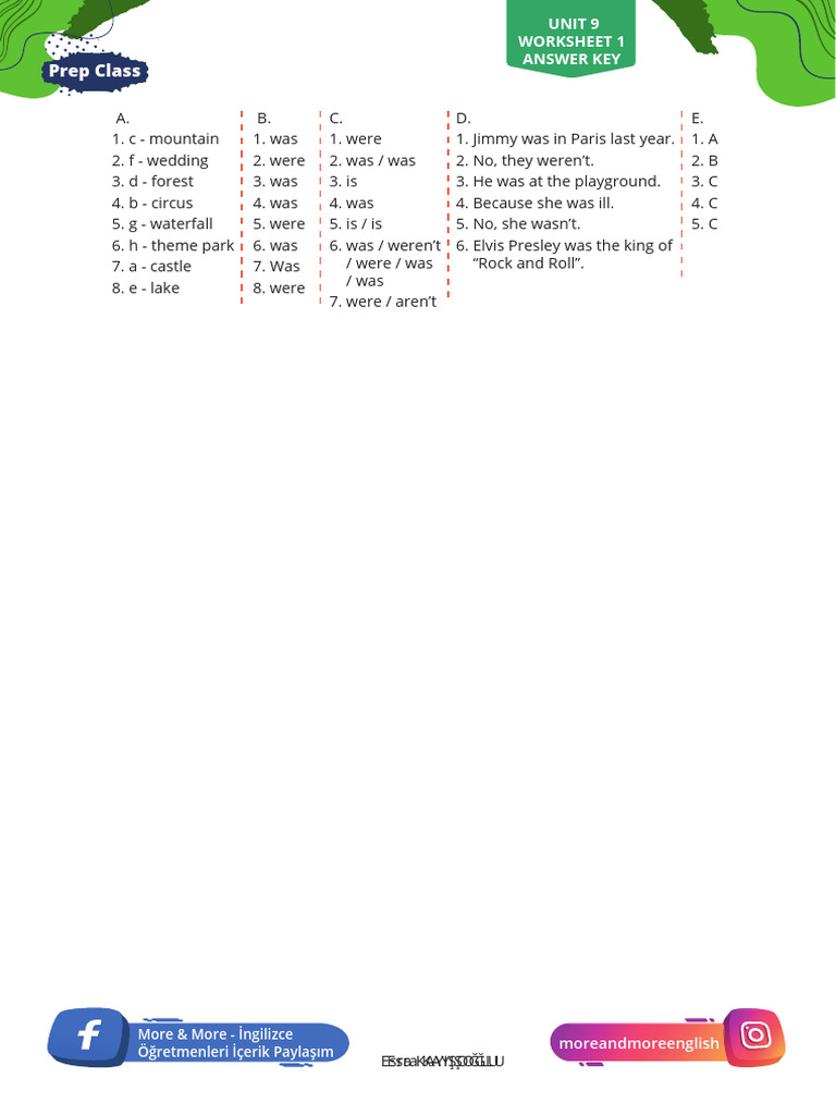 Prep Class - Unit 9 - Worksheet 1 - Answer Key | PDF