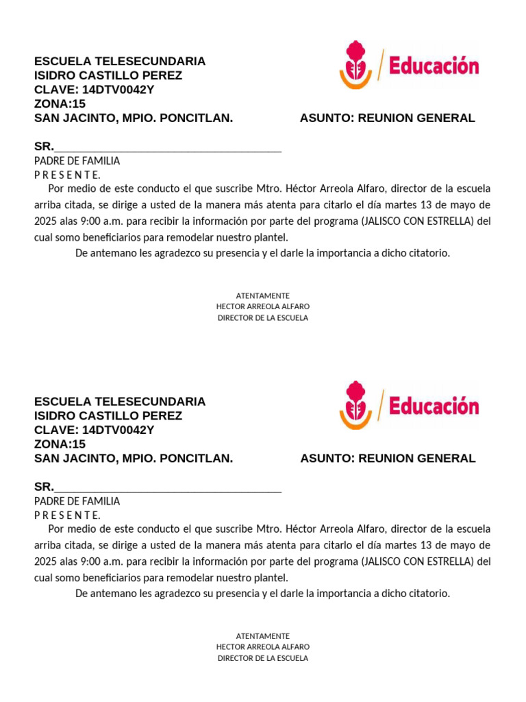 Citatorio Reunion General | PDF