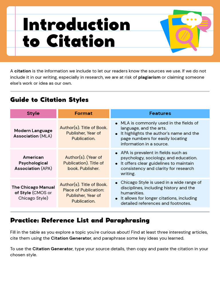 Introduction To Citation With Citation Generator Education Doc in ...