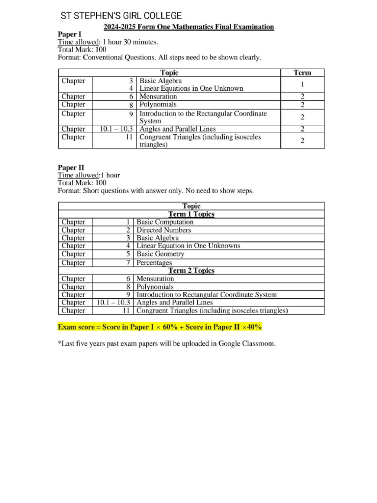 2425 F1 Math Final Examination Syllabus | PDF