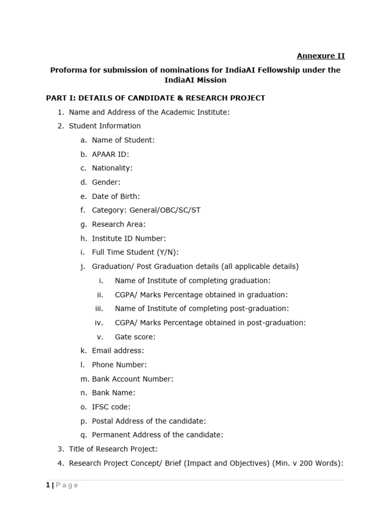Annexure II Proforma For Submission of Nominations For Indiaai Fellowship | PDF