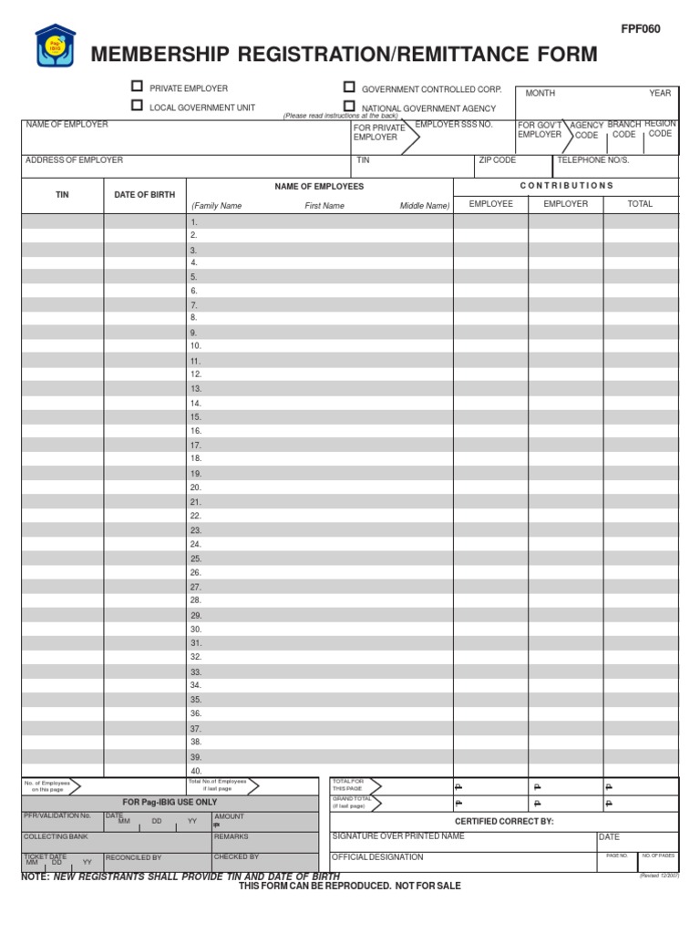 FPF060Members Registration Remittance Form | PDF | Employment | Taxes