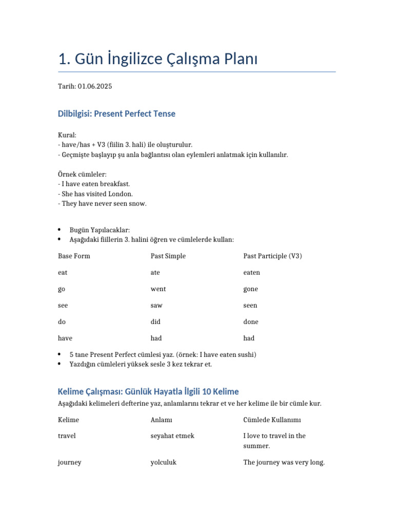 1 Gun Ingilizce Calisma Plani | PDF
