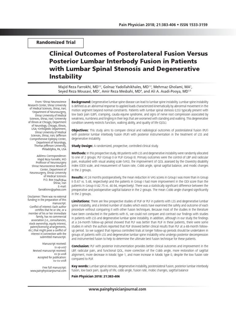 Clinical Outcomes of PLF Vs PLIF | PDF | Vertebral Column | Diseases ...