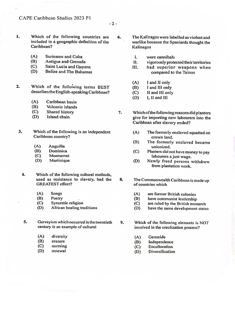 CAPE Caribbean Studies 2023 P1 | PDF