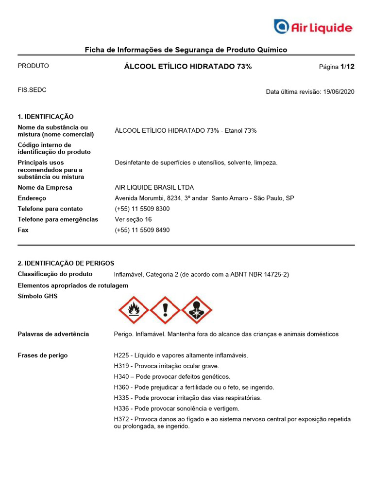 Alcool Etilico Hidratado 73 - Fispq - Docx 2 | PDF | Ácido sulfúrico ...