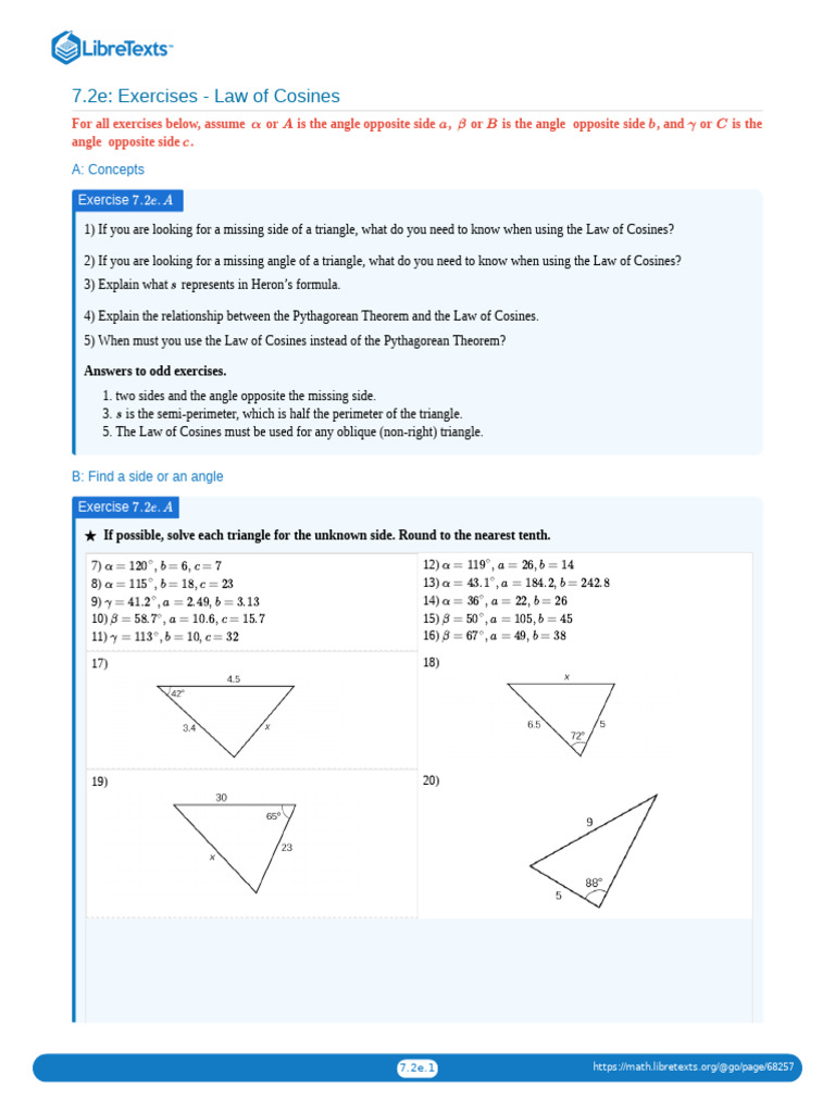 Law of Cosines Exercises and Solutions | PDF | Triangle | Elementary ...