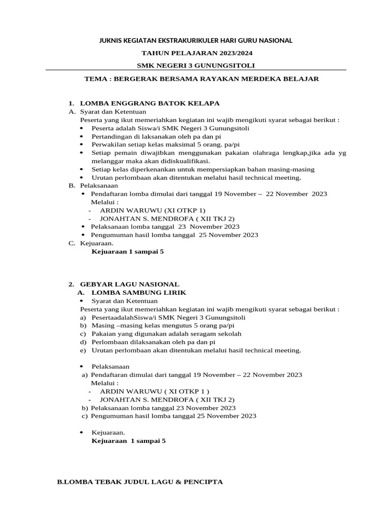 Juknis Lomba Kegiatan Ekstrakurikuler HGN 2023&2024 | PDF