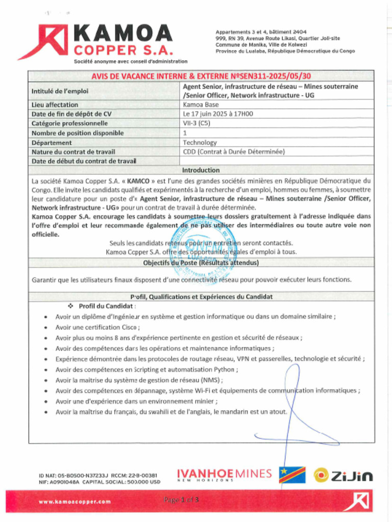 Advert NºSEN311 Senior Officer, Network Infrastructure-UG | PDF