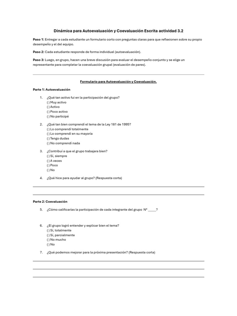 Dinámica para Autoevaluación y Coevaluación Escrita Actividad 3.2 | PDF