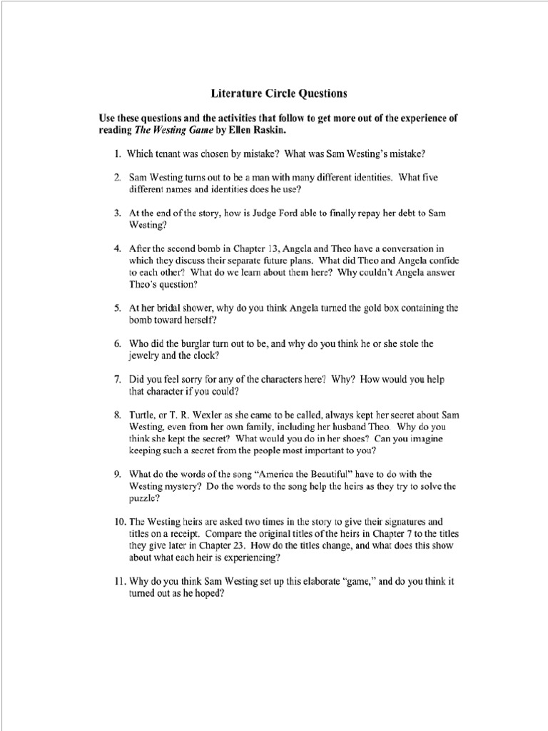 Westing Game Literature Circle Questions | PDF