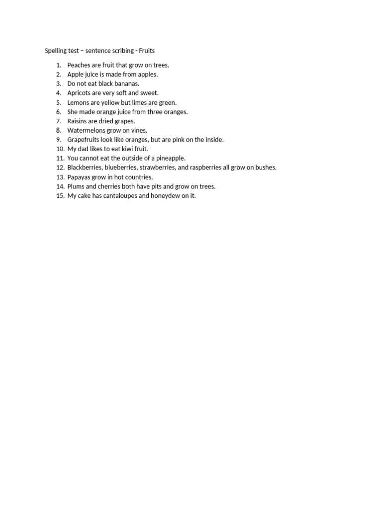 Fruits Sentence Listening Spelling Test | PDF