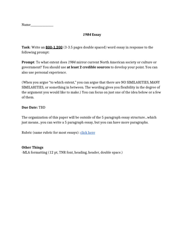 1984 Essay Assignment Sheet | PDF