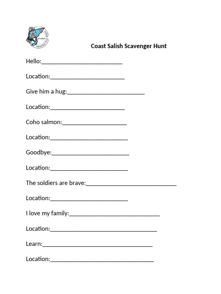 Coast Salish Scavenger Hunt Record | PDF