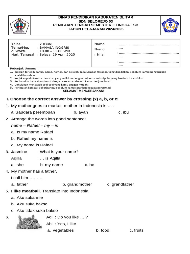 Sts b.inggris Kelas 2 2025 | PDF