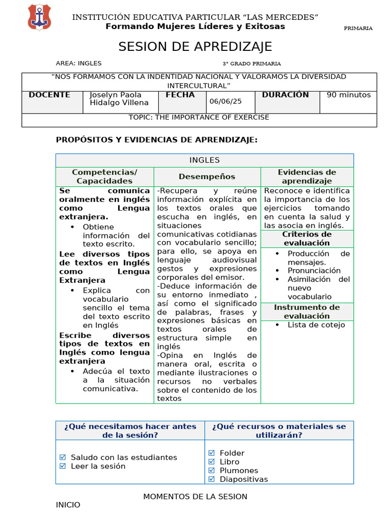 Sesion 3ro Prim Del 02 Al 06 Junio | PDF | Idioma en Inglés | Aprendizaje