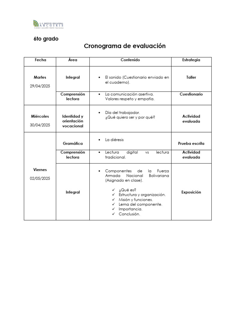 Cronograma de Evaluaci-N 6to Grado | PDF
