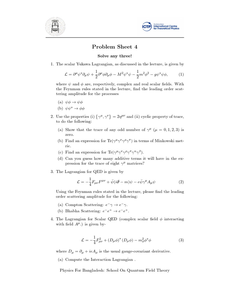 Physics For Bangladesh QFT School Problem Sheet 4-2-AMq4eq4wPwhnWNQ2 | PDF