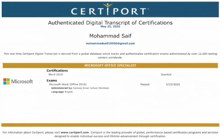 Microsoft Word Associate Exam Certificate | PDF