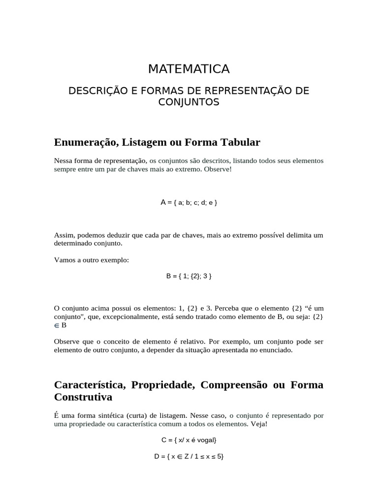Esa Matematica - Descrição e Formas de Representação de Conjuntos | PDF ...