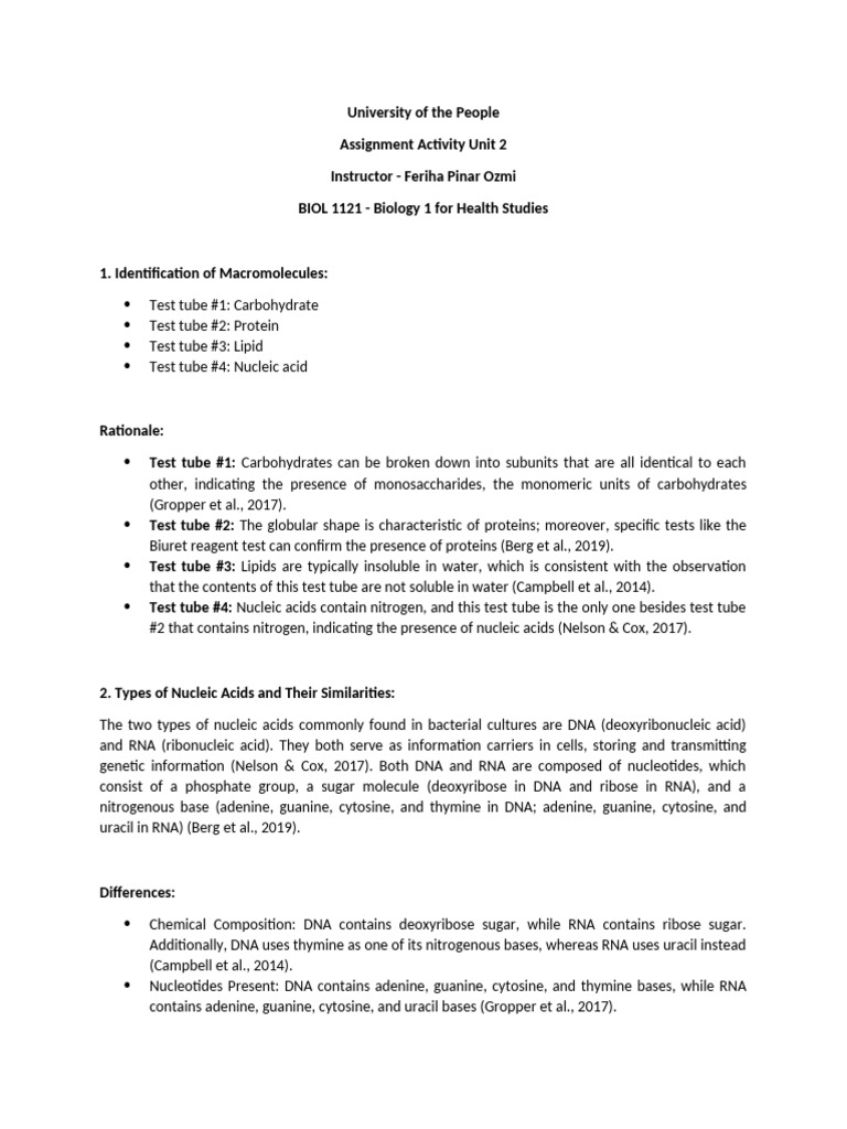 BIOL 1121 - Assignment Activity Unit 2 | PDF | Nucleic Acids | Rna
