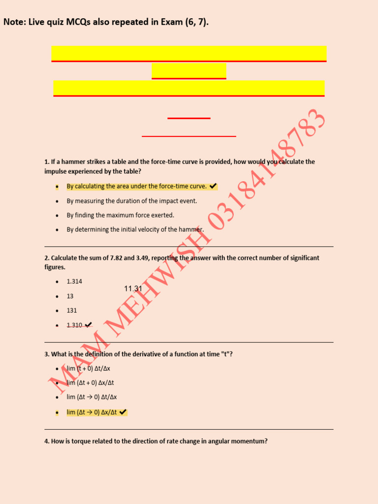 PHY101 MCQs Mids 2024 Mam Mehwish-3 Final | PDF | Force | Momentum