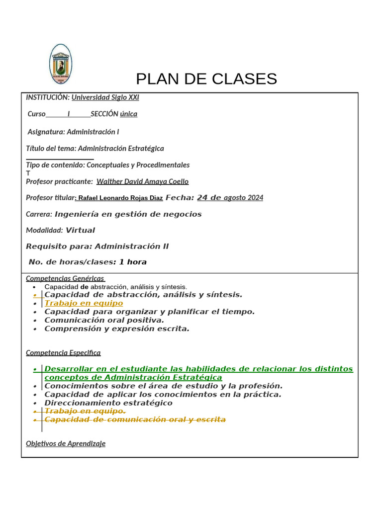 ESQUEMA PLAN DE CLASES Modificado | PDF | Aprendizaje | Ciencia cognitiva