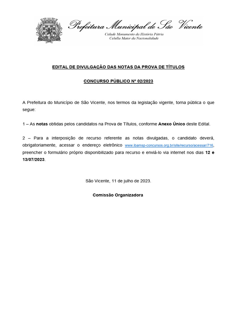 Notas da Prova de Títulos - Concurso 2023 | PDF