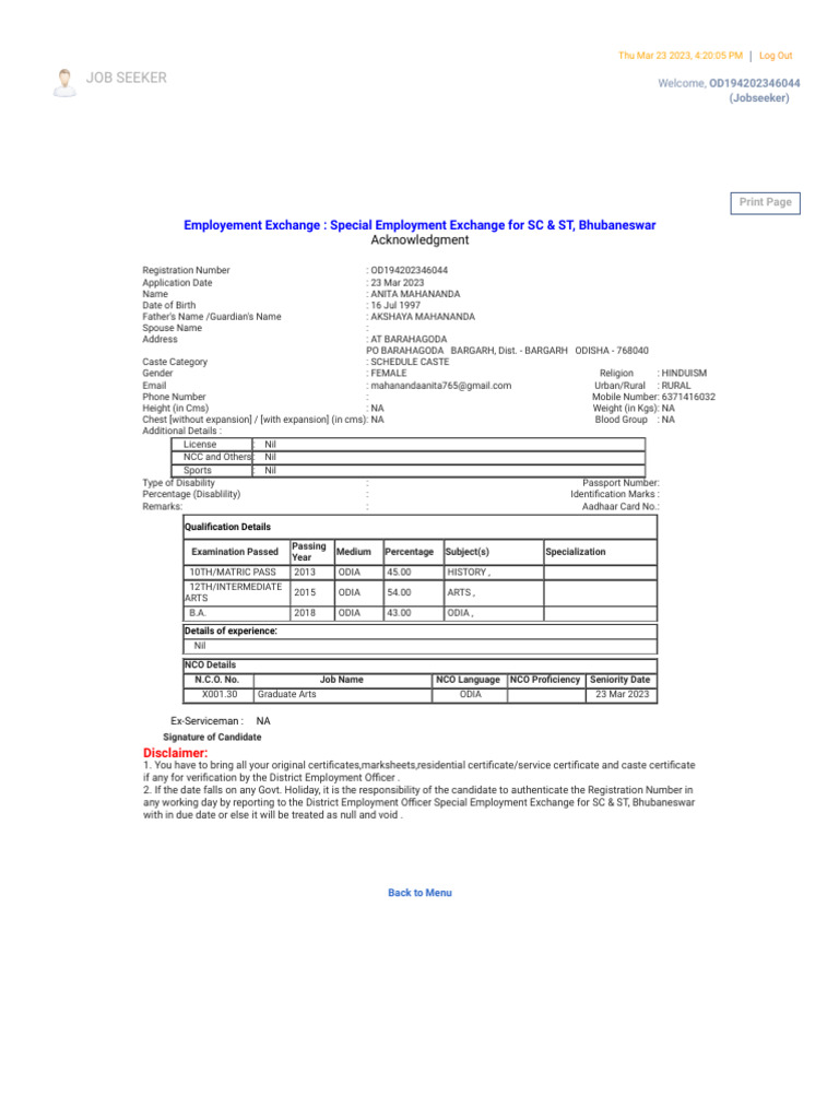 Employment Registration for SC/ST in Odisha | PDF