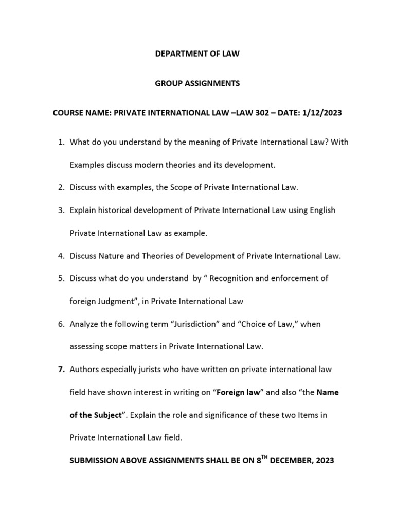 Private International Law Assignments 1 To Law 302 01 December 2023 | PDF