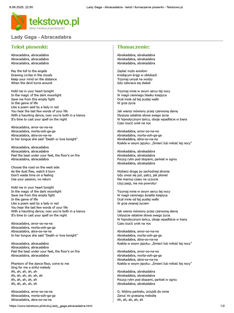 Lady Gaga - Abracadabra - Tekst I Tłumaczenie Piosenki - Tekstowo - PL ...