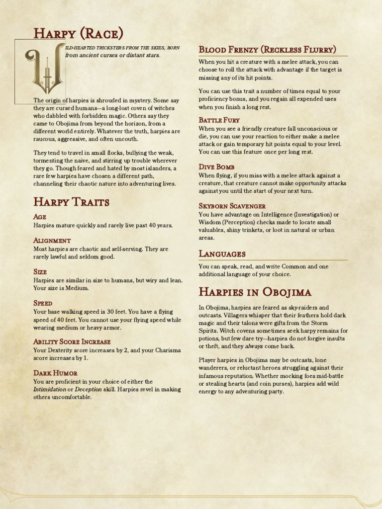 Harpy Race Overview for DnD 5E | PDF