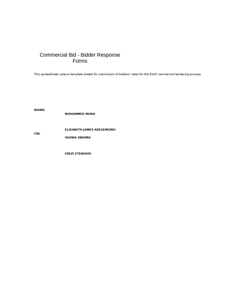 Commercial Bid Template for ESA5 Tender | PDF | Employment | Payroll