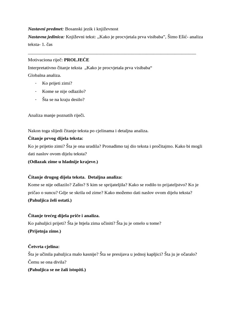 Obrada Teksta - Kako Je Procvjetala Prva Visibaba, 1.čas | PDF