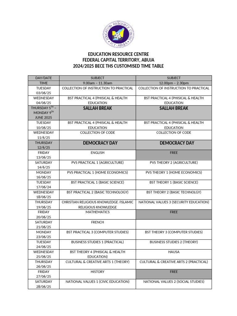 2025 Erc Bece Ths Customised Timetable | PDF | Science