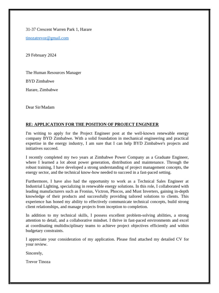 Trevor Tinoza Application Letter + CV Zesa NTC | PDF