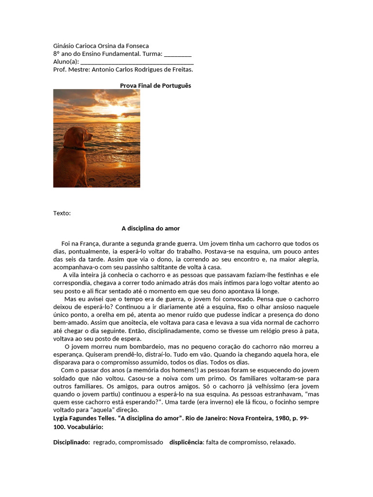 A Disciplina Do Amor Prova Final de Português | PDF | Assunto (gramática) | Cães