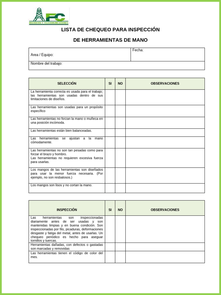 Lista de Chequeo Inspección de Herramientas de Mano | PDF | Guante | Cuchillo