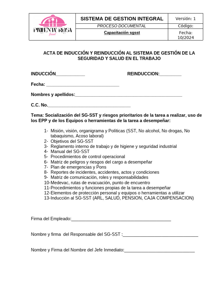 Acta de Induccion y Reinduccion | PDF