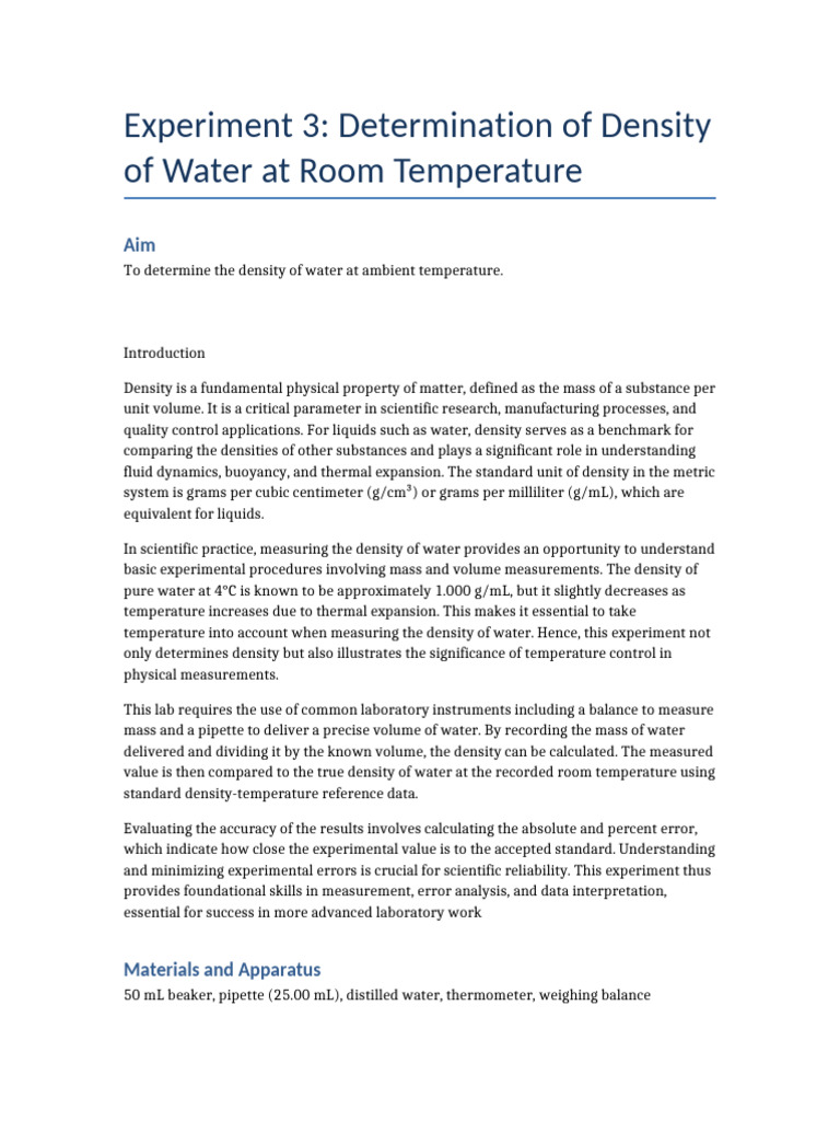 Measure Water Density at Room Temp | PDF | Density | Volume
