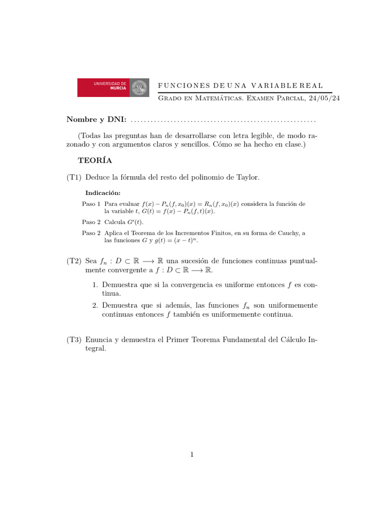 Funciones de Variable Real: Examen Parcial | PDF | Variable ...