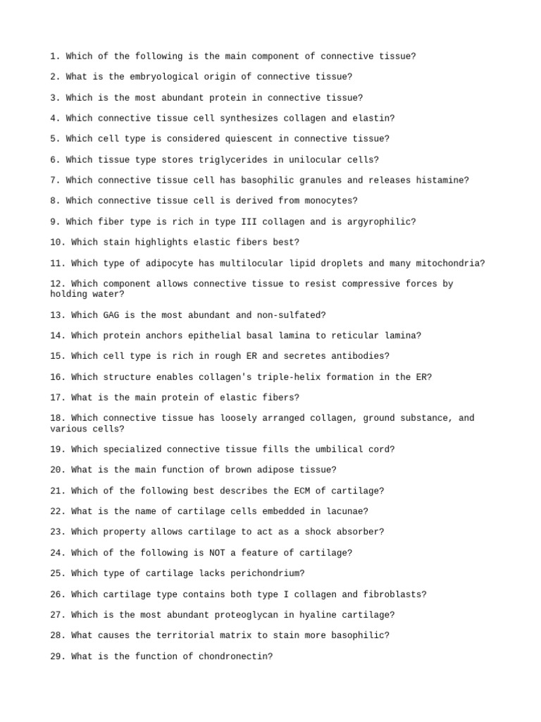 Histology Embryology 100 MCQ Questions | PDF | Bone | Connective Tissue