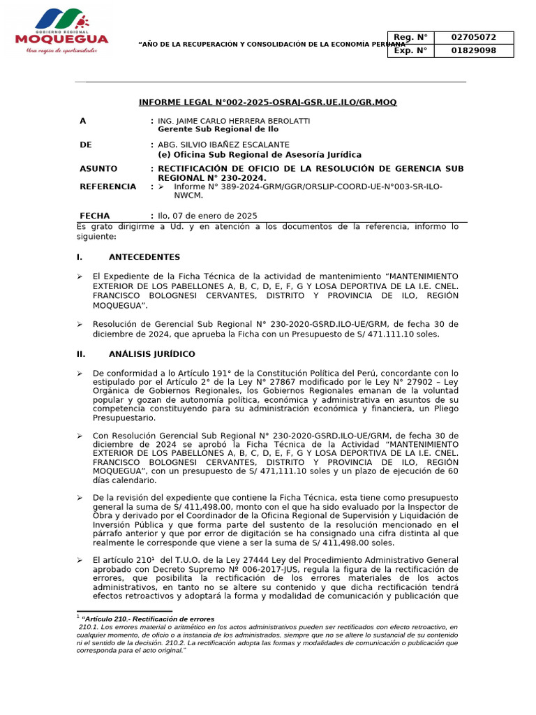 002 - Informe Legal 002-2025 - Rectificación de Oficio de La Resolución de Gerencia Sub Regional ...