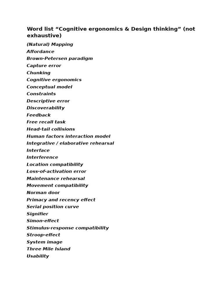 2025 - Wordlist Cognitive Ergonomics & Design Thinking - Tagged | PDF